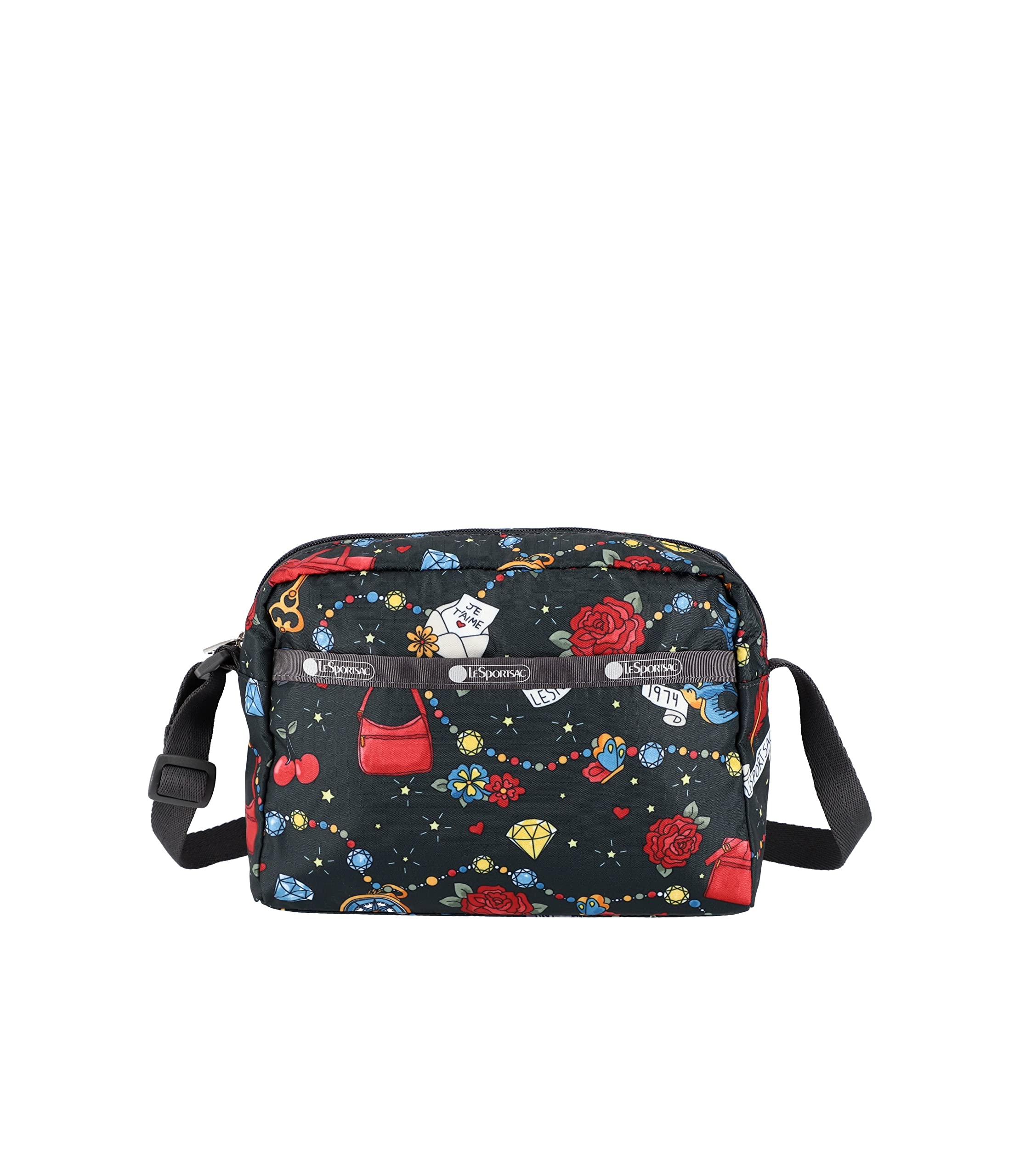 LeSportsac Keepsake Memory Daniella Crossbody Bag, Style 2434/Color E465, Whimsical Colorful Design: Handbags, Hearts, Flowers & Jewels, Celebrate 1974 Iconic Debut