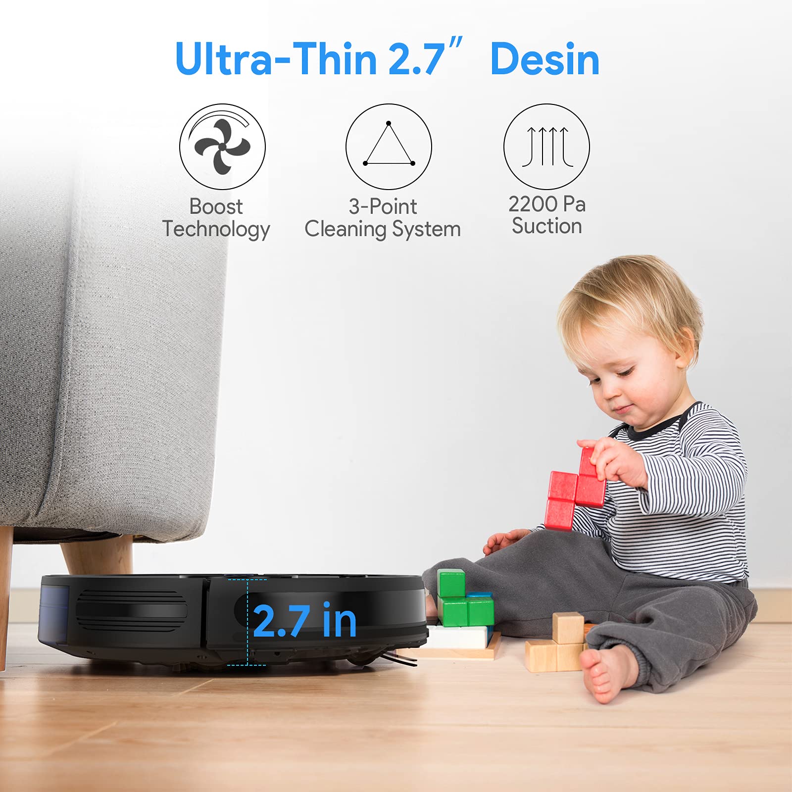 Bagotte BG800 Robot Vacuum Cleaner, Wi-Fi Connection Mapping, 2200Pa Suction, Alexa & App Control, Boundary Strips Included, Quiet, Self-Charging, Ideal for Pet Hair, Carpets, Hard Floor