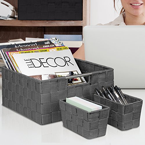 Sorbus Storage Box Woven Basket Bin Container Tote Cube Organizer Set Stackable Storage Basket Woven Strap Shelf Organizer Built-In Carry Handles (Gray)