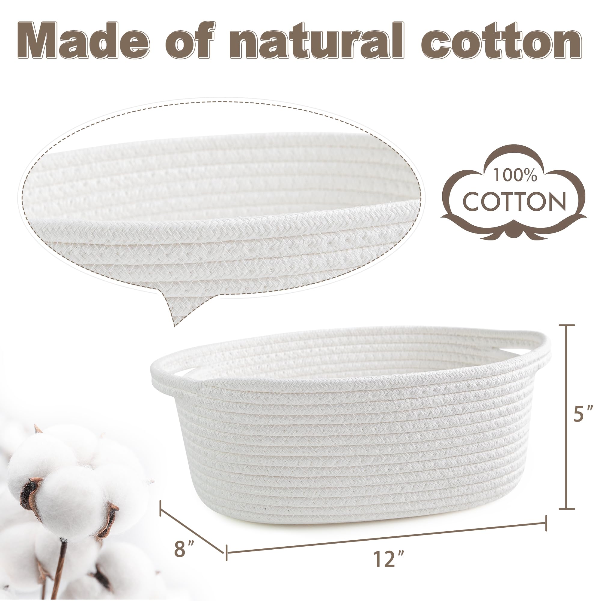 Bufims Small Woven Basket with Ribbons and Bags Durable Basket for Gifting Cute Gifts Basket 12"X 8" X 5" Small Rope Basket for Storage, White