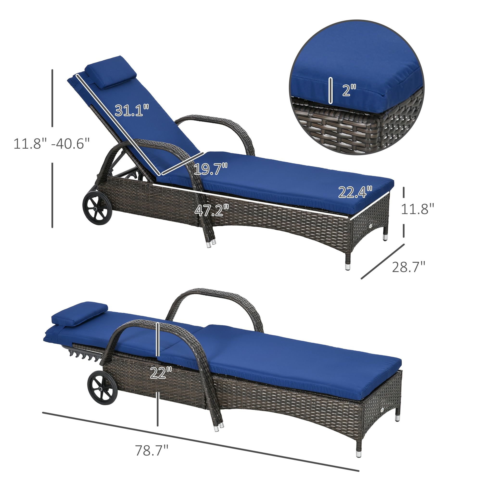 Outsunny Wicker Outdoor Chaise Lounge Set of 2, 5-Level Adjustable Backrest PE Rattan Pool Lounge Chair with Wheels, Cushion & Headrest, Brown and Dark Blue