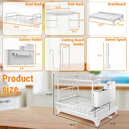 kenvc Dish Drying Rack,Large Dish Drying Rack,Dish Drainers for Kitchen Counter,Board Holder, 6 Cup Holder,Removable Large Capacity Dish Drainer, Rust-Proof Dish Drainer, White