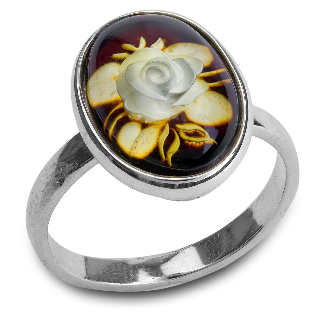 Amber Sterling Silver Cameo Rose Ring, Size 10