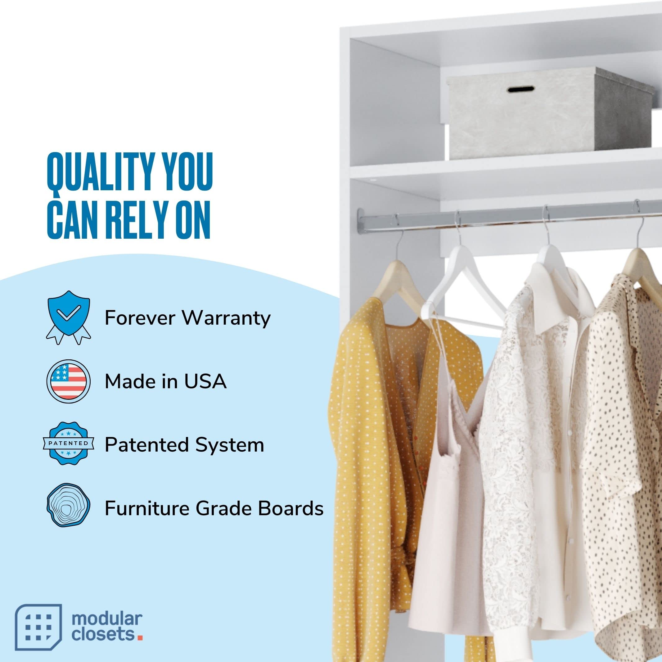 Hanging Closet Unit with Shelves - Modular Closet System for Hanging - Corner Closet System - Closet Organizers and Storage Shelves (White, 19.5 inches Wide) Closet Shelves