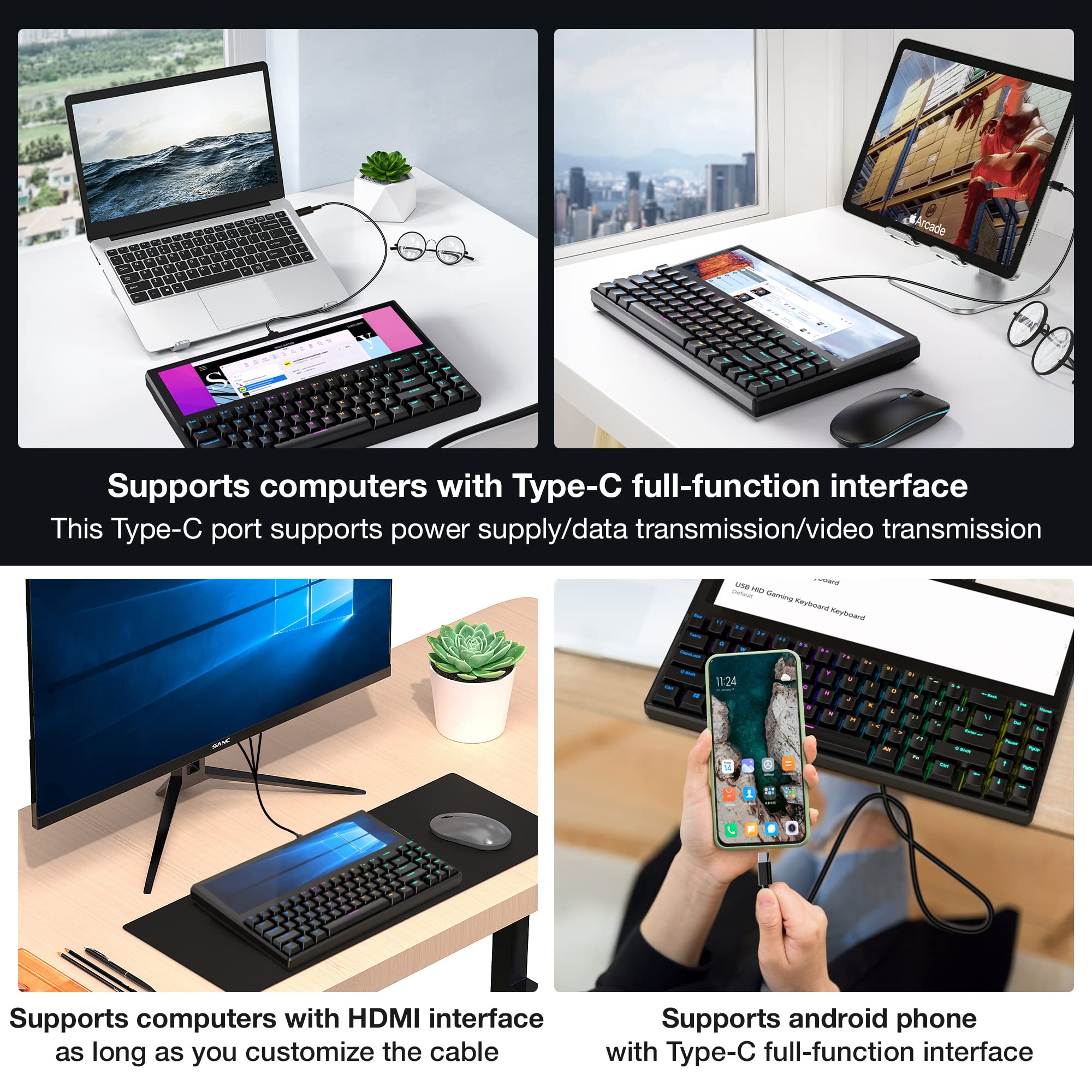 Kwumsy Portable Monitor Split Screen Keyboard Mechanical Multifunctional Keyboard with Built-in 12.6'' Touchscreen USB Expansion Compact 71 Keys RGB LED Backlit N-Key for Windows Mac Android (K2)