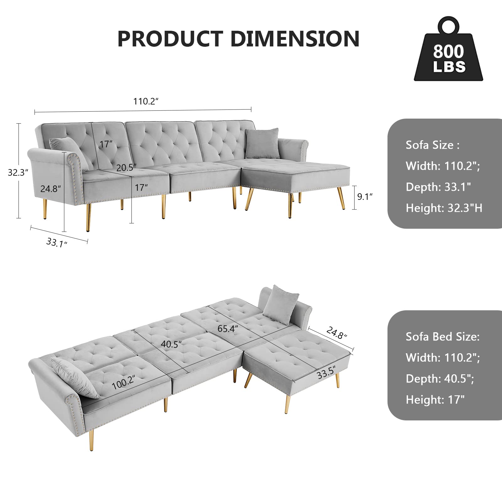 Hommoo 110β Modern Reversible Sectional Couch for Living Room Velvet L Shaped Couch with Removable Ottoman Nailhead Trim 3 Seater Sofa with Metal Gold Legs Light Gray