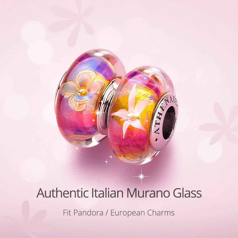 ATHENAIE Murano Glass 925 Silver Five-Petaled Flowers Charm Bead for Bracelet