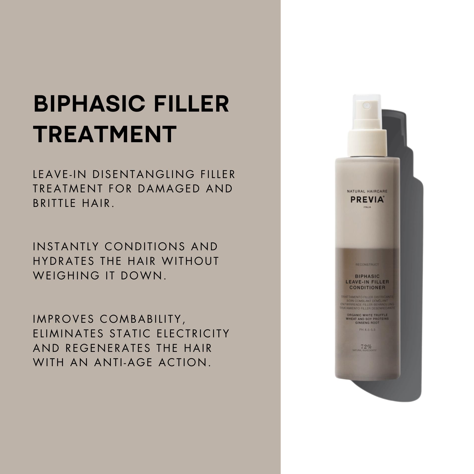 PREVIA Hydrating Leave-in Conditioner Spray with White Truffle Extract - Reconstructive Biphasic Detangling Treatment for Damaged, Dry, and Brittle Hair - Tames Frizz & Controls Static 6.7Floz