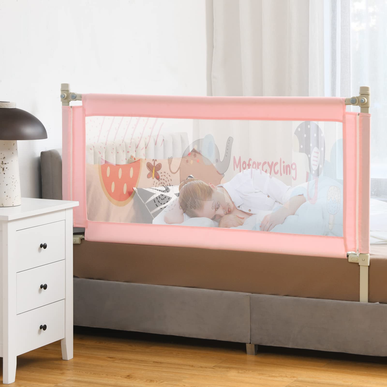 BABY JOY Bed Rail for Toddlers, 57ββ Extra Long, Height Adjustable & Foldable Baby Bed Rail Guard w/Breathable Mesh & Double Safety Child Lock for Kids Twin Double Full Size Queen King Mattress, Pink