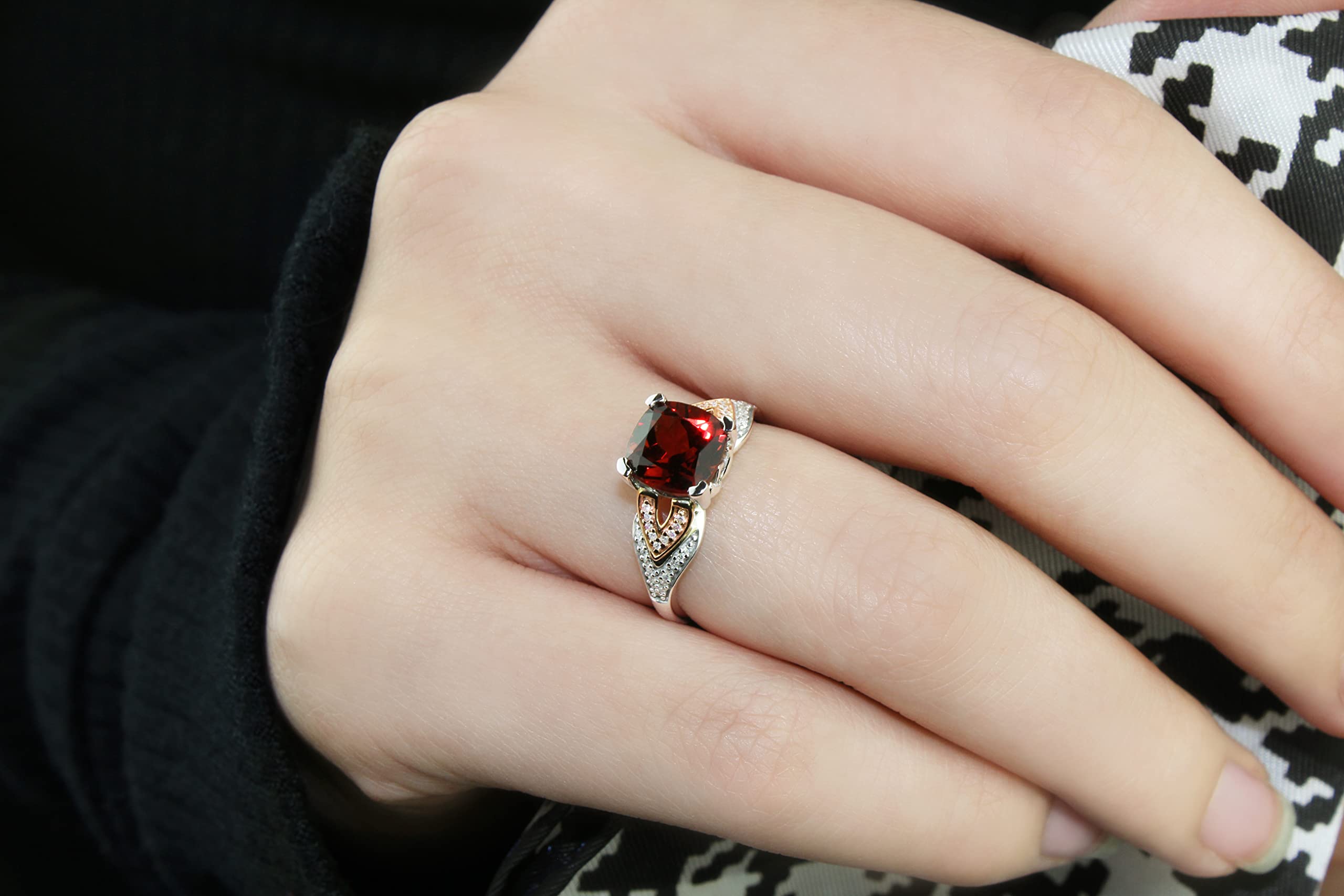 Belantina Heartland By Beverley Mitchell 10K Rose Gold with .925 Sterling Silver Cushion Cut Garnet & Diamond Accented Two Tone Flared Band Statement Ring