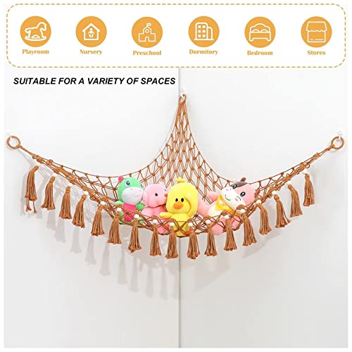 JIELAIMI Stuffed Animal Toy Storage Organizer, Toy Storage Hammock with Decorative Tassels Corner Large Capability Toy Net Holder (brown)