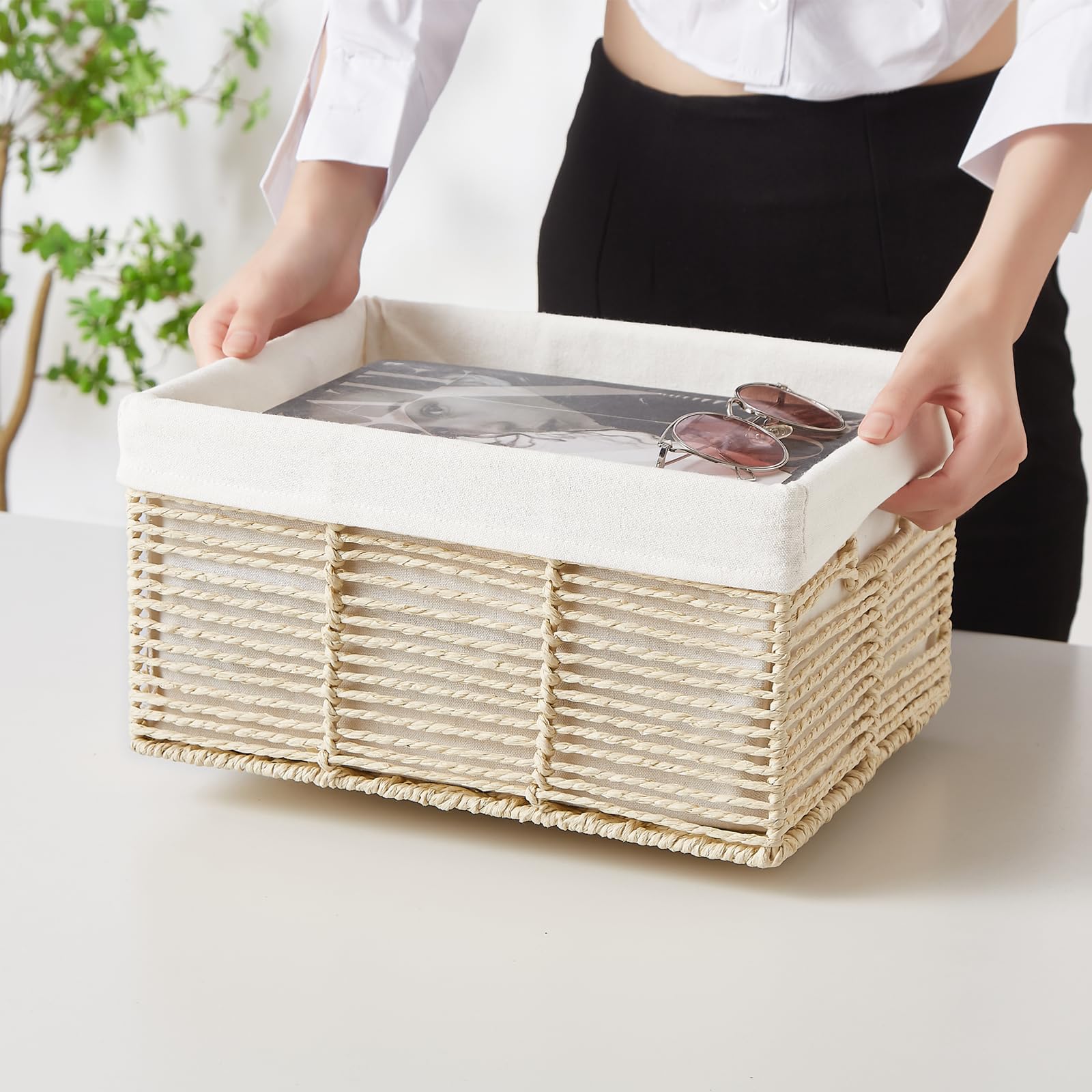 Vagusicc Wicker Storage Basket, 6 Pack Baskets for Organizing, Wicker Baskets with Handle, Rectangular Wicker Baskets for Storage Shelves, Cube Storage Bins for Closet/Clothes/Dresser, Beige