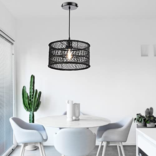 HOONEX Rattan Chandelier, Rattan Light Fixture Ceiling, 12.4" Wicker Pendant Light for Dining Room Bedroom Kitchen Island, Black