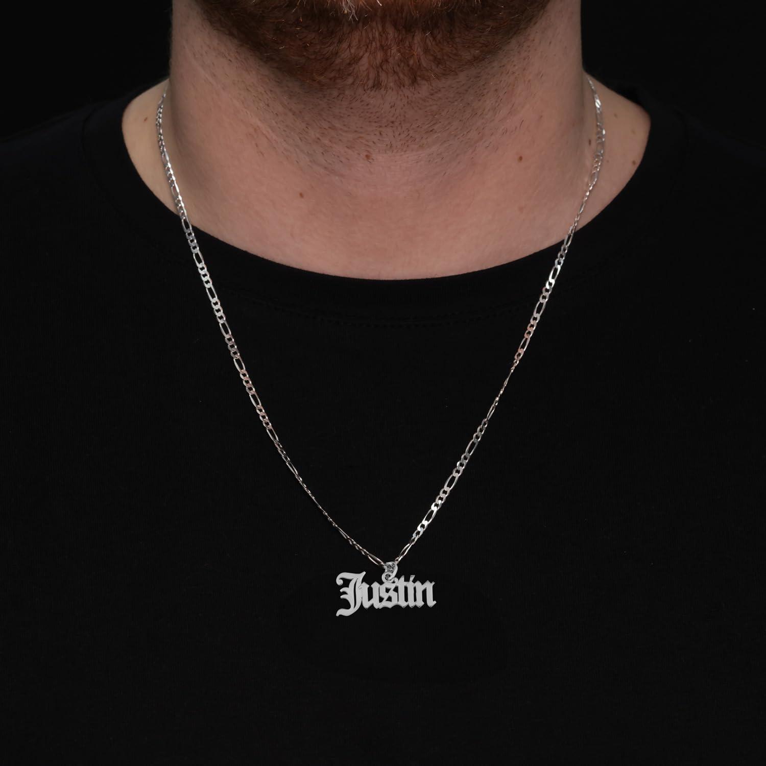 Beleco 18k Gold Plated or Sterling Silver 925 Custom Name Necklace - Personalized Name Plate Necklace with Elegant Figaro Chain, Old English Font | Customized & Personalized Necklaces