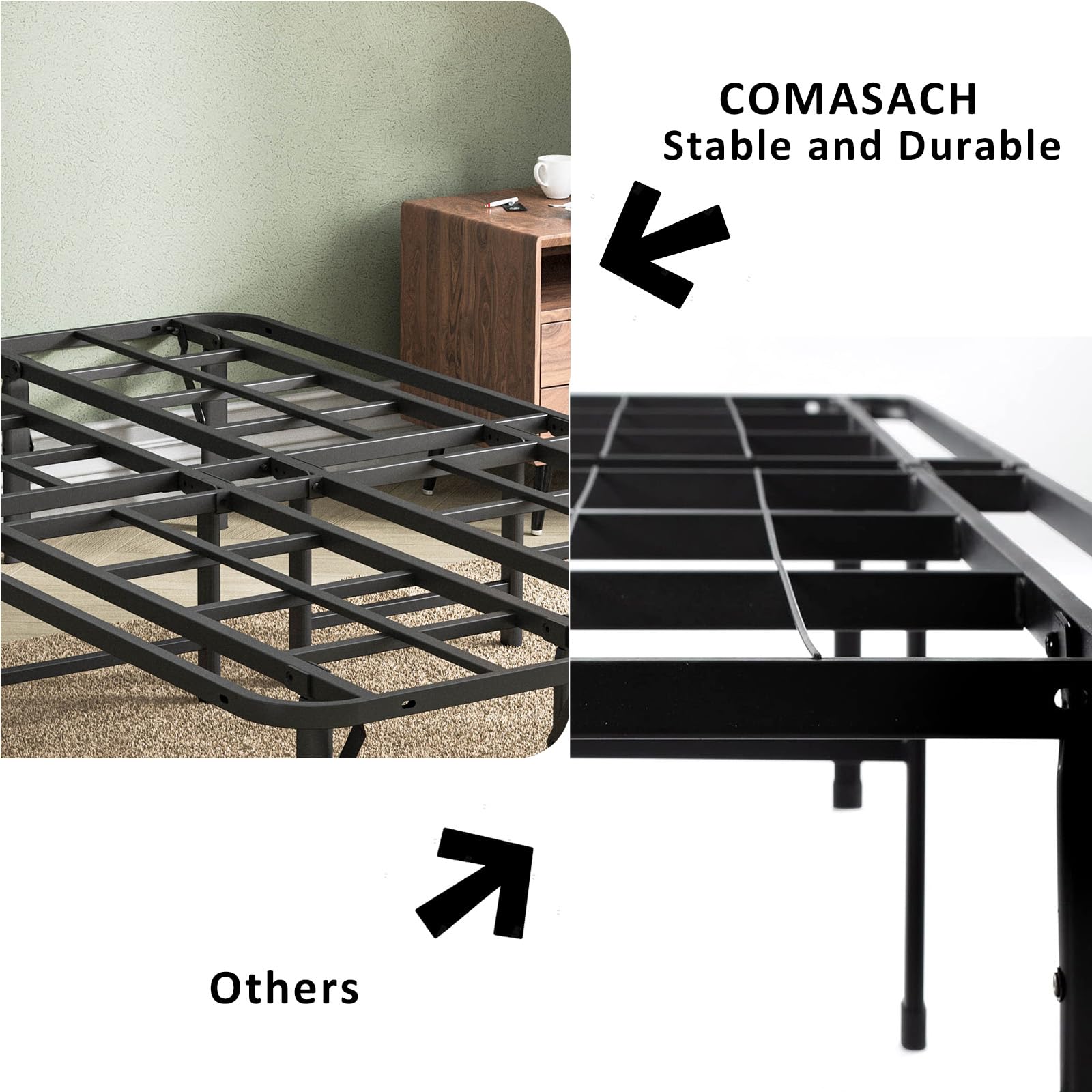 COMASACH Queen Folding Bed Frame, 16 Inch High, Premium Steel Heavy Duty Bed Frame, Sturdy Steel, No Box Spring Needed, Noise Free, Easy Assembly, Black