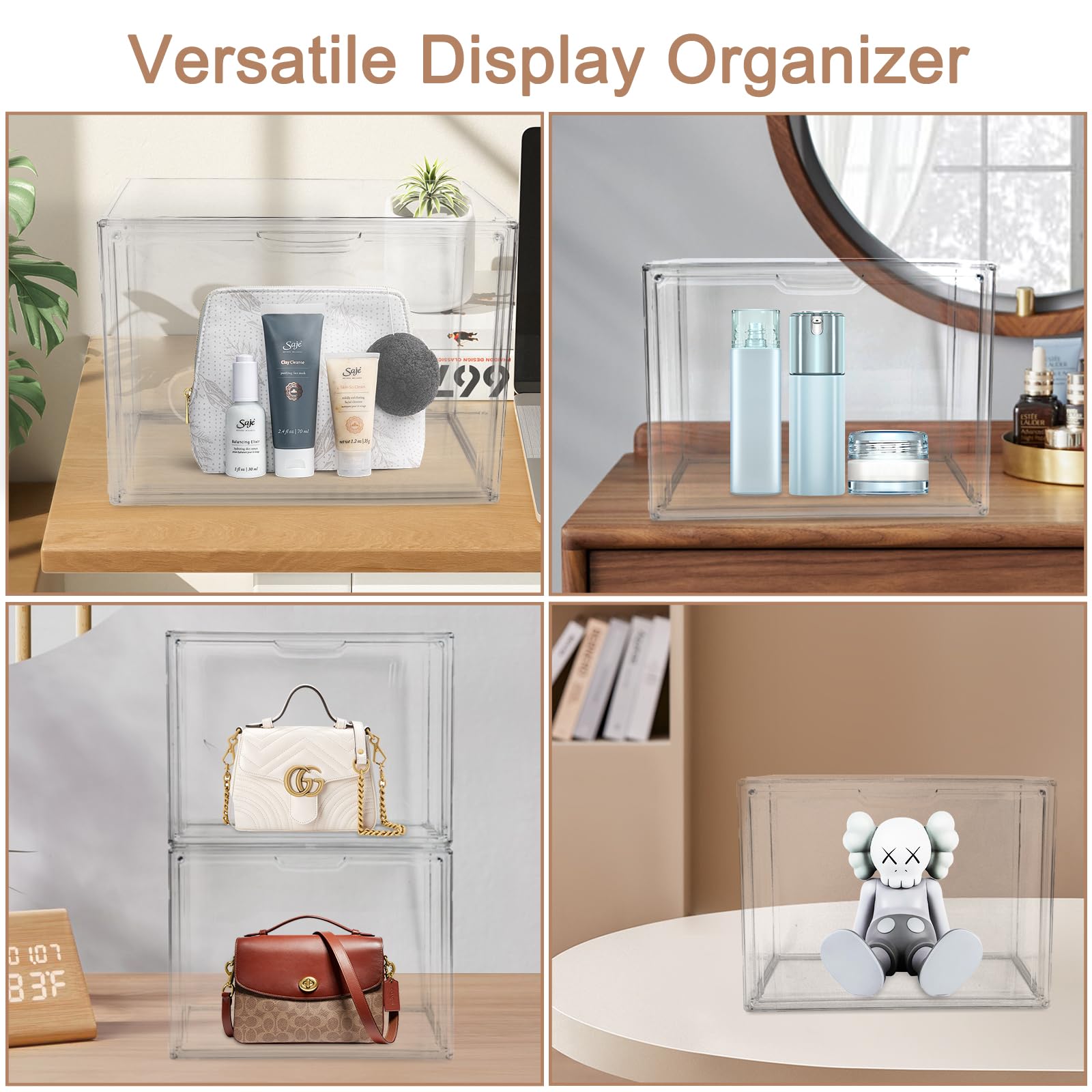 Ambergron Clear Purse Organizer, Stackable Luxury Handbag Display Case - Versatile Closet and Vanity Desk Storage Solution, Dustproof Showcase, 4 Packs