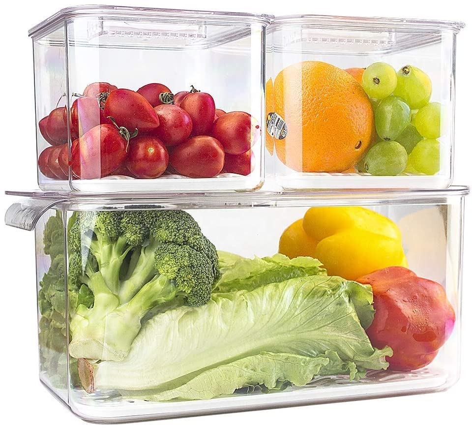 Fridge Storage Containers Produce Saver Stackable Refrigerator Organizer Bins with Removable Drain Tray Fridge Organizer for Fruits and Vegetables 3 Pack