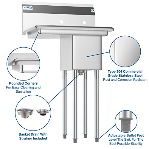 KoolMore 1 Compartment Stainless Steel Commercial Kitchen Prep & Utility Sink with Drainboard - Bowl Size 10" x 14" x 10", Silver, SA101410-12L3