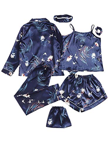 SheIn Women's 7pcs Pajama Set Cami Pjs with Shirt and Eye Mask Royal Blue Medium