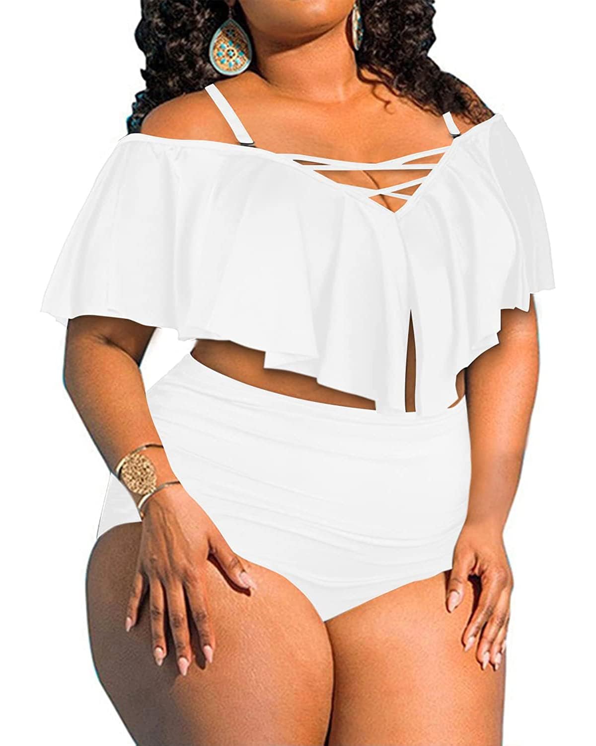 Aqua Eve Women's Plus Size 2 Piece Swimsuit Flounce Off Shoulder Bikini High Waisted Bathing Suits Purple 24W