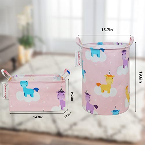 QUEENLALA Large Storage Basket,Laundry Hamper/Bathroom/Home Decor/Collapsible Round Storage Bin,Boys and Girls Hamper/Boxes/Clothing(Round-Rec-Pink Unicorn)