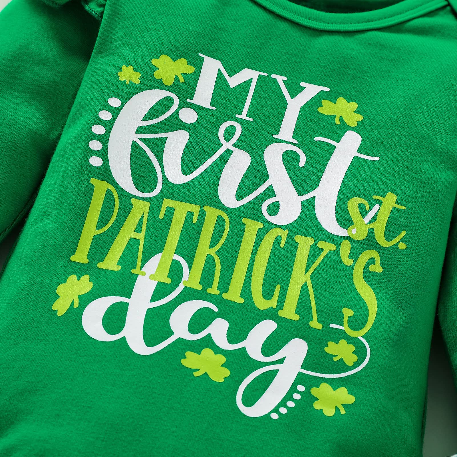 GRNSHTS Baby Girl My First St.Patrick's Day Clothes Long Sleeve Ruffle Romper Bell-Bottomed Pants Headband 3Pcs Clover Print Outfits(Green-C,0-3M