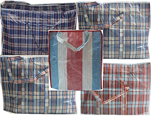 M.I. USA Set of 4 Jumbo Super Extra Wide Checkered Laundry Storage Shopping College Dorm Room Christmas Bags with Zipper and Handles, 22" x 20" x 10", Assorted Checker Colors, Red, Blue, Black White