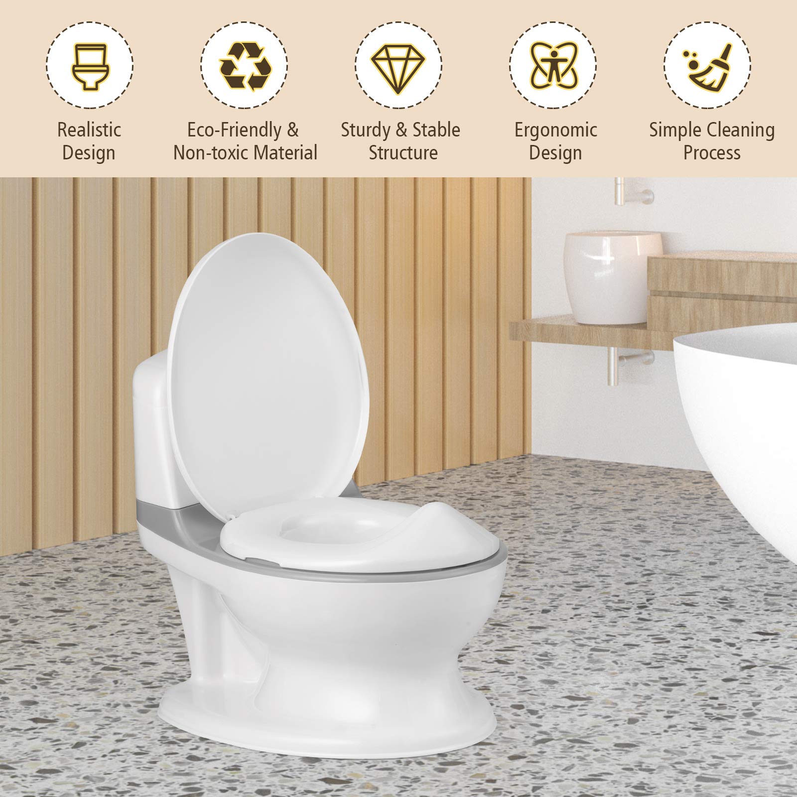 BABY JOY Realistic Potty Training Toilet, Potty Seat for Toddlers & Kids w/Flushing Sounds & Built-in Wipe Compartment, Splash Guard for Simple Cleaning, Ergonomic (Grey)