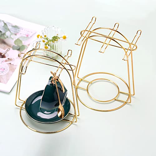 IKASEFU Gold Coffee Cup Holder, Dish and Cup Display Stand Mug Rack Holder Metal Cup Holder Coffee Cup Hanger Rack Tableware Storage Rack Tea Set Cup Hanger Rack for Home Kitchen Desktop (Only Rack)