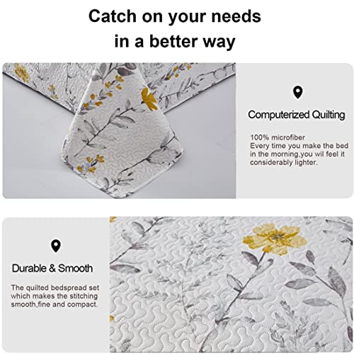 Quilt Set Queen Floral Bedspread Coverlet Queen Floral Quilts Bedding Spring Summer Lightweight Quilts Bedspread Reversible Bedding Grey Leaf Yellow Floral Quilt Collection Bedspread with Pillow Shams