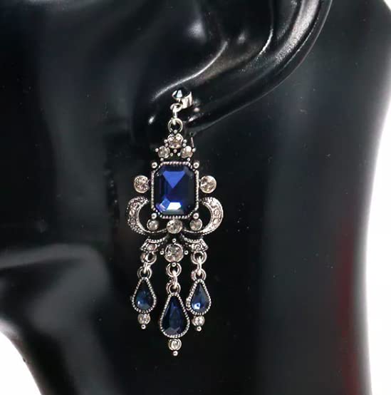 Art Deco Victorian Edwardian Antique Vintage Style Blue Sapphire Rhinestone Long Dangle Wedding Bridal Prom Earrings