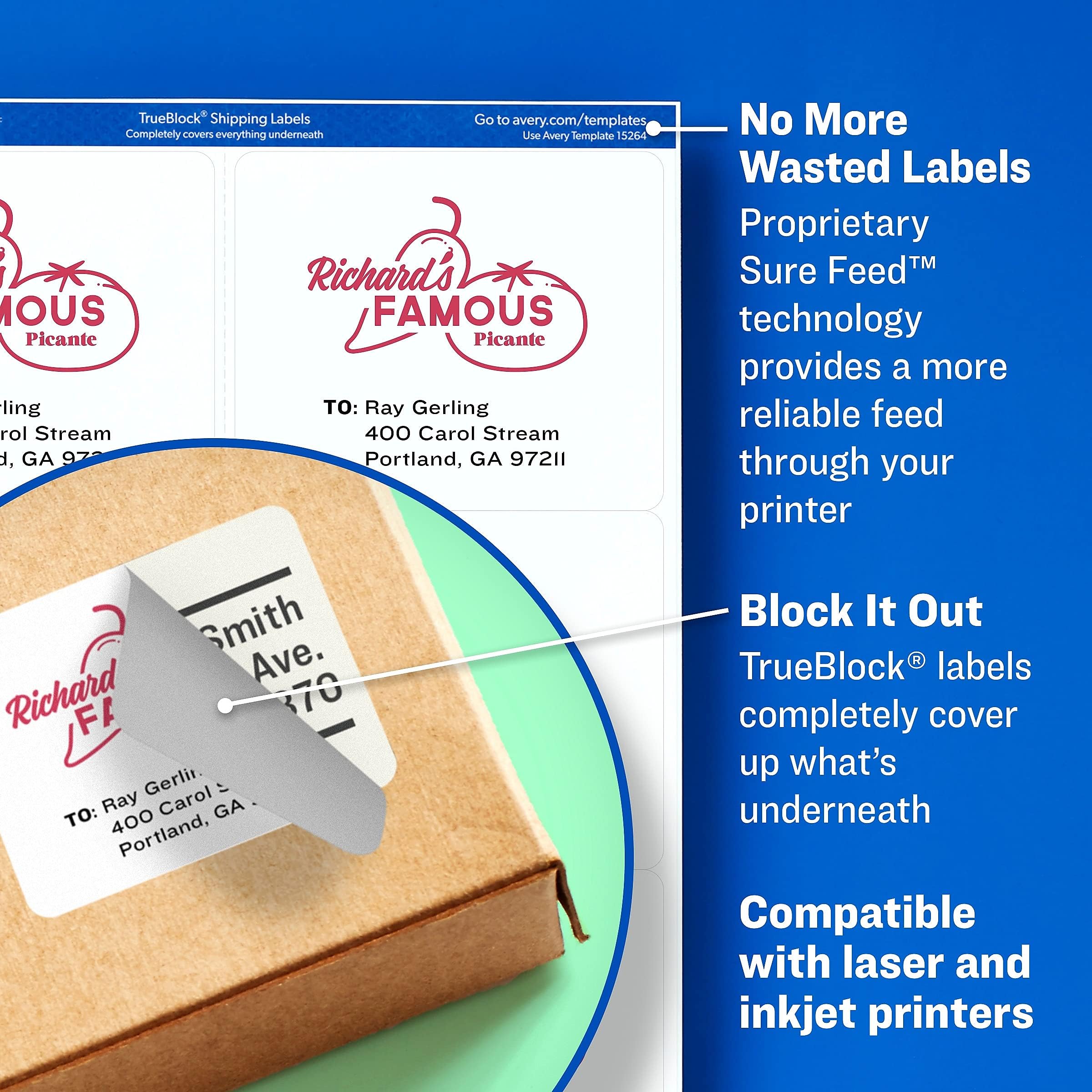 Avery 5164 TrueBlock Shipping Labels, Laser Print, 3-1/3 x 4, White, 600/Box