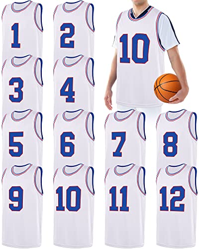 Funtery 12 PCS Men Basketball Jerseys Mesh Basketball Uniform 2XL Reversible Basketball Team Jersey for Men(White)