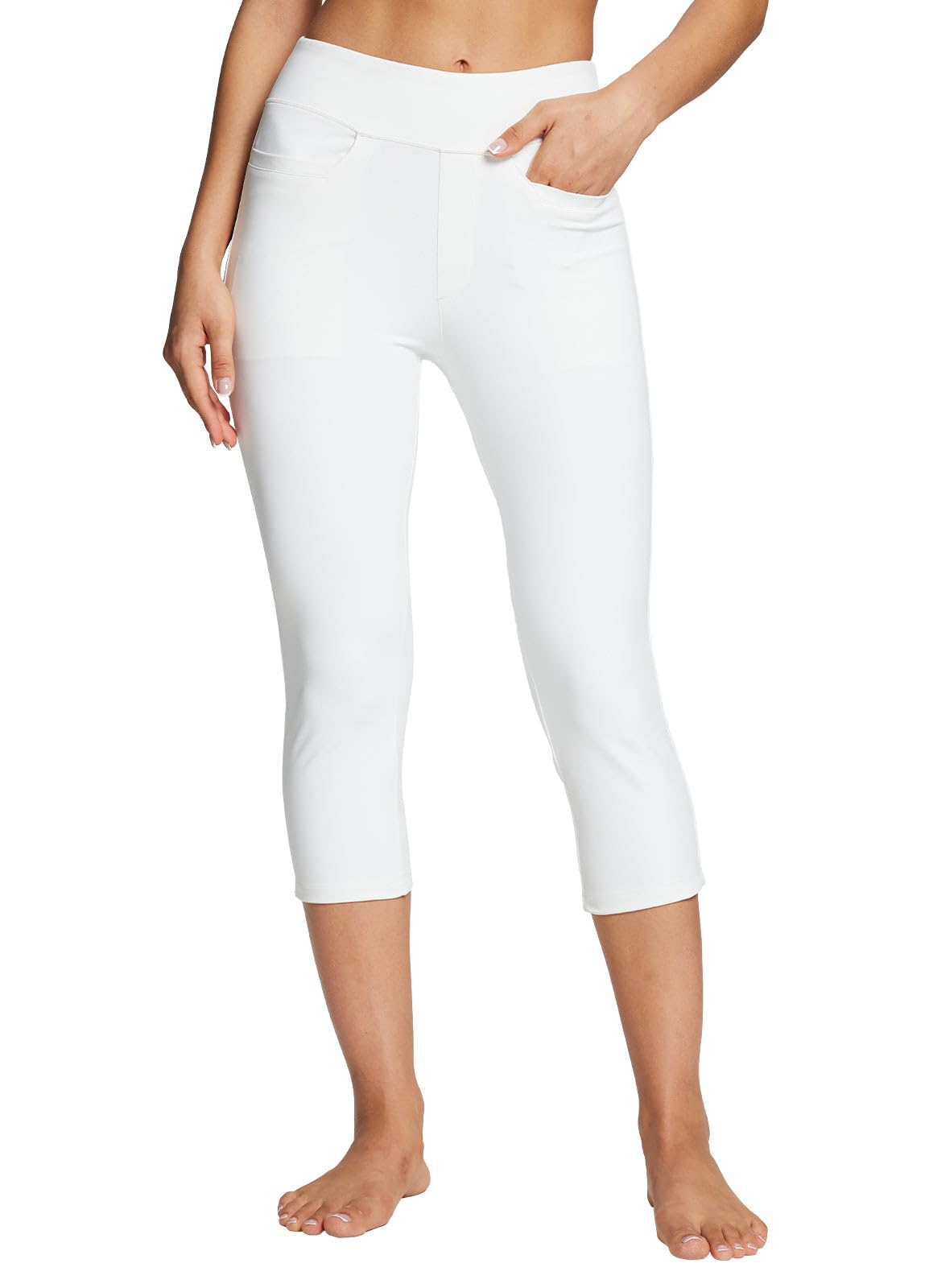 BALEAF Jeggings for Women Capri Pants Casual Summer Pull On Yoga Dress Capris Work Athletic Golf Crop Pants with Pockets White L