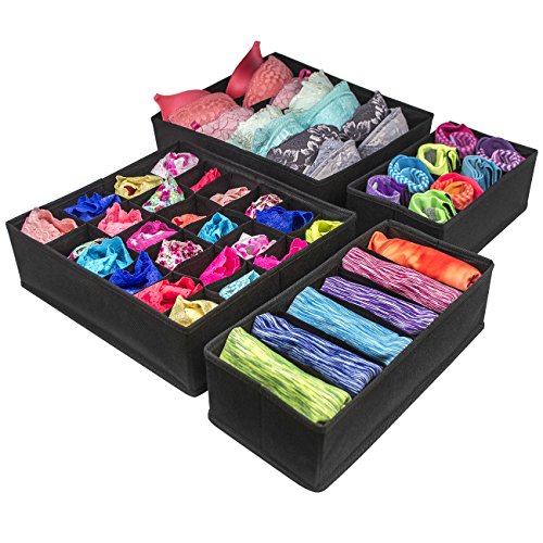 SorbusĀ® Set of 4 Foldable Drawer Dividers, Storage Boxes, Closet Organizers, Under Bed Organizer (Black)