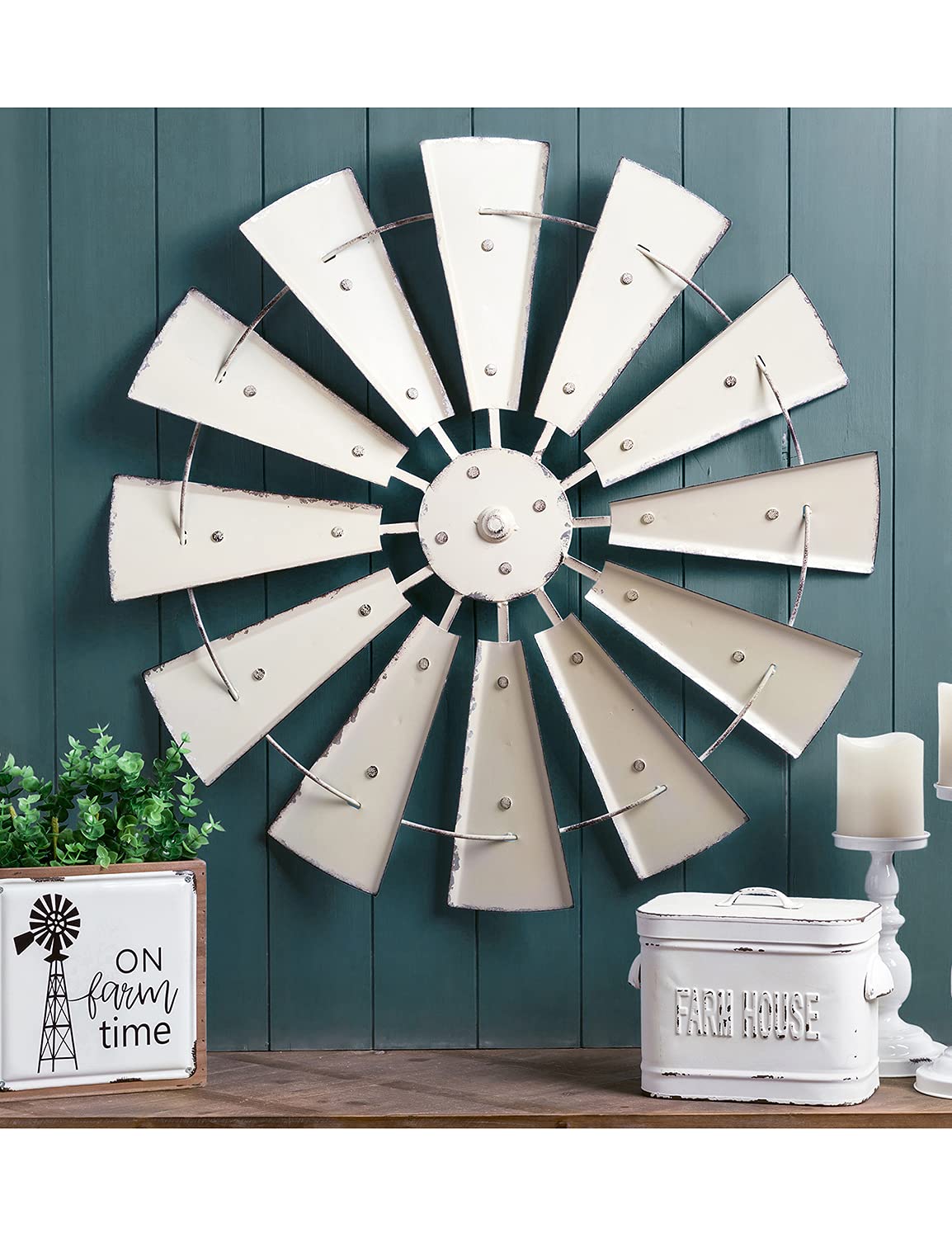 Glitzhome 22" Farmhouse Galvanized Windmill Wall Sculpture Home Decor Rustic Metal Rustic Wall Art Decoration, Silver