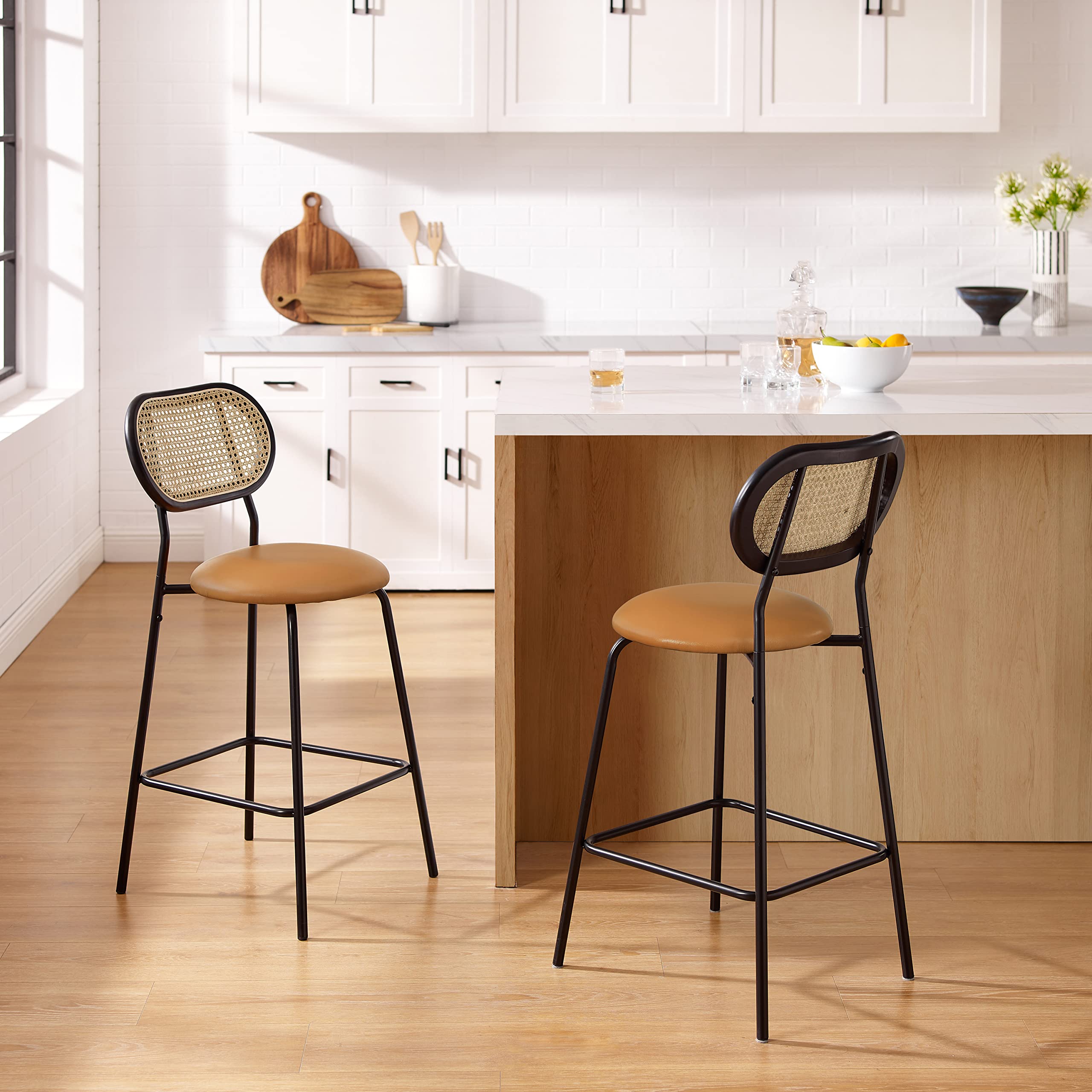 Art Leon Rattan Bar Stools Set of 4, Oak Back Frame, Modern 26 Inch Counter Height Barstools, Faux Leather Upholstered Bar Chairs, Armless Kitchen Chairs with Rattan Backrest Metal Legs, Black