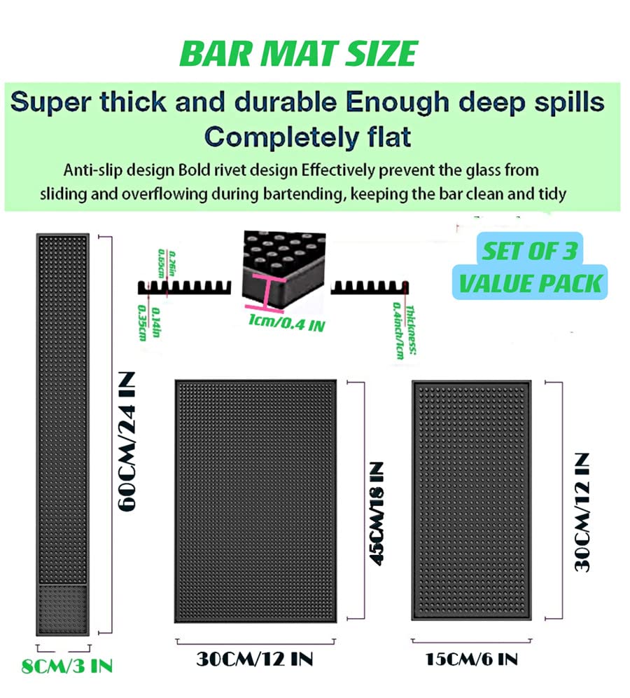 IMIYOKU Bar Mat Set of 3 Rubber Bar Service Spill Mat for Cocktail Bartender Coffee Bar or Countertop Mats Glass Drying Mat (Black, 18" x 12"+23" x 3"+12" x 6")