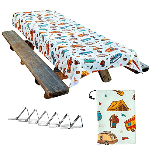 Jolly Camper Vintage Style Camping Tablecloth, Picnic Tablecloth, Fits 4ft to 8ft Picnic Tables, Polyester, Washable & Reusable, Spill & Stain Resistant, Water Repellent, Table Cloth for Picnic Table