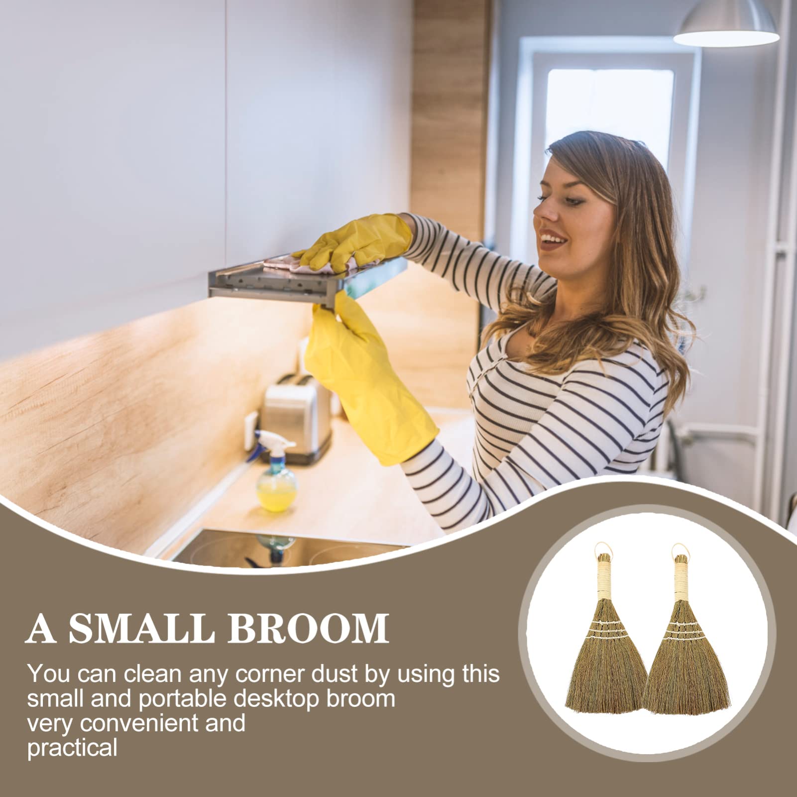 BESTonZON Manual Broom Vintage Broom 2Pcs Desktop Broom Retro Asian Straw Broom Natural Flower Grass Broom Manual Whisk Broom for Home Kitchen Sweeping Broom Short Handle Broom