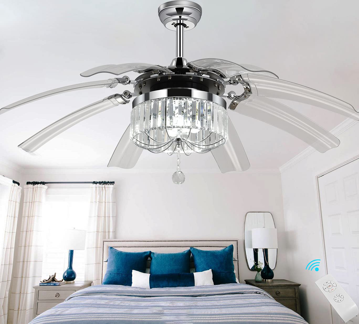 AWEHIRU 48inch Modern Crystal Ceiling Fan Indoor with Lights, Remote Control Fandelier, Retractable Ceiling Fan and Light Bedroom Dining Room Light Ceiling Fan Chandelier Light Fxitures