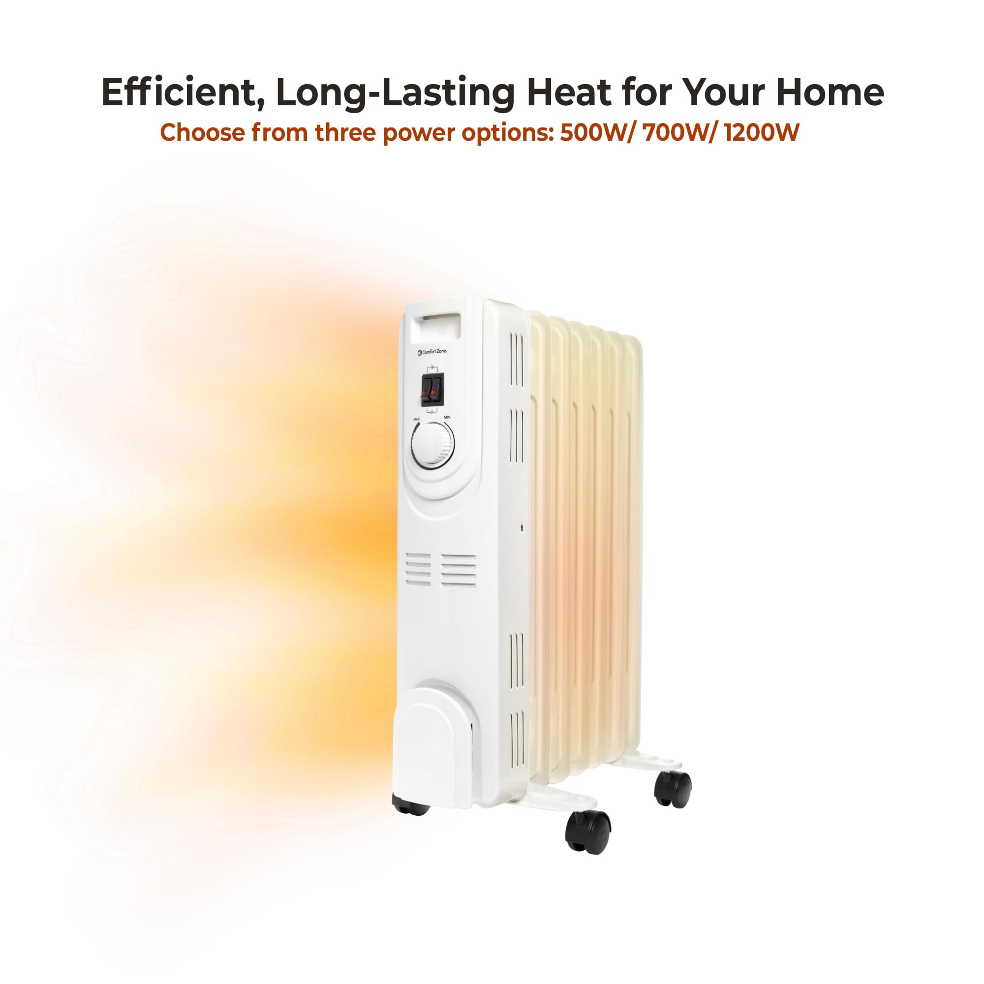 Comfort Zone Electric Oil-Filled Radiant Radiator Space Heater, Never Refill, Adjustable Thermostat, Tip-Over Switch & Overheat Protection System, Ideal for Home, Bedroom, & Office, 1,200W, CZ7007J