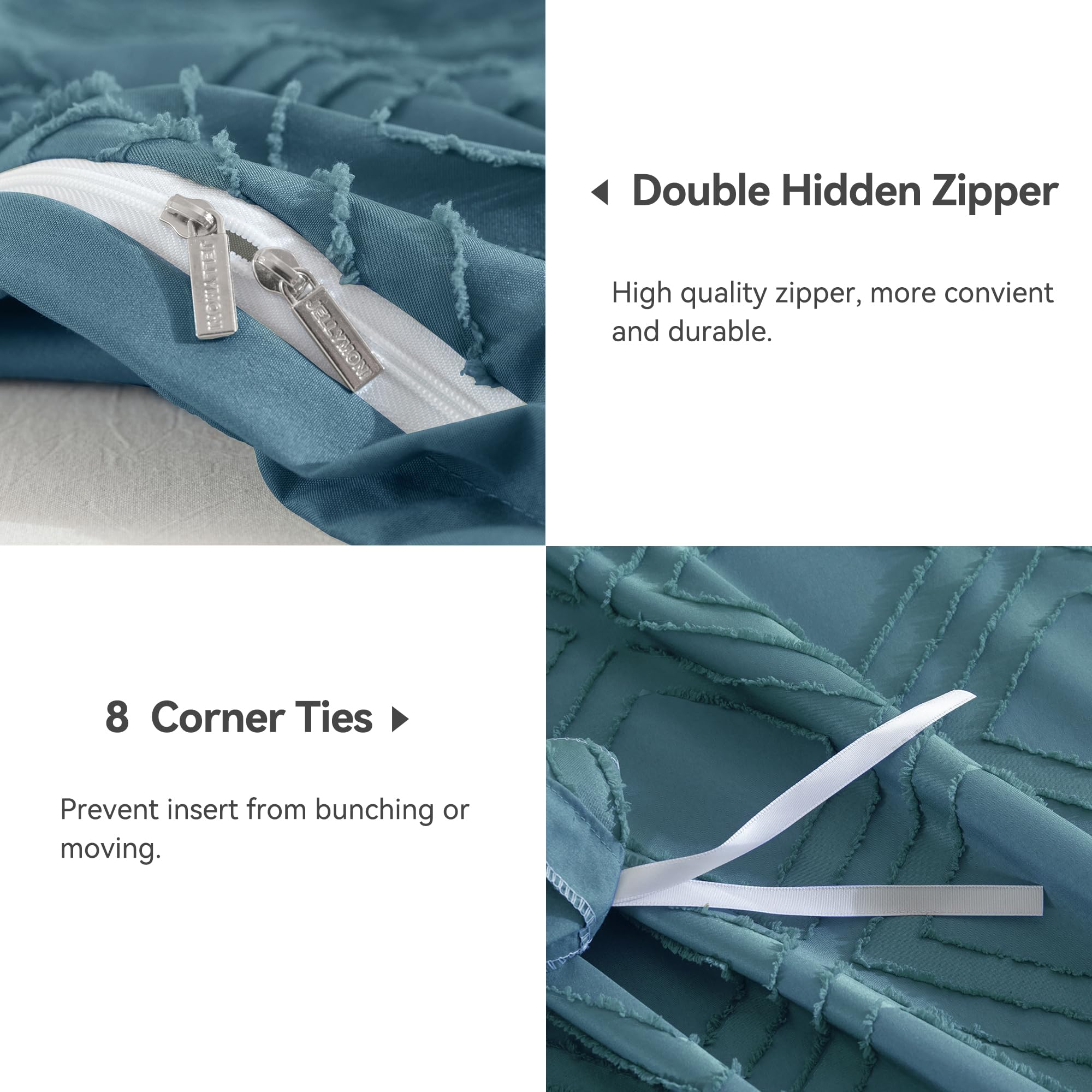 JELLYMONI King Size Grayish Blue Microfiber Tufted Duvet Cover Set, Boho Textured Jacquard Rhombus Geometric Pattern Duvet Cover with Corner Ties & Zipper Closure
