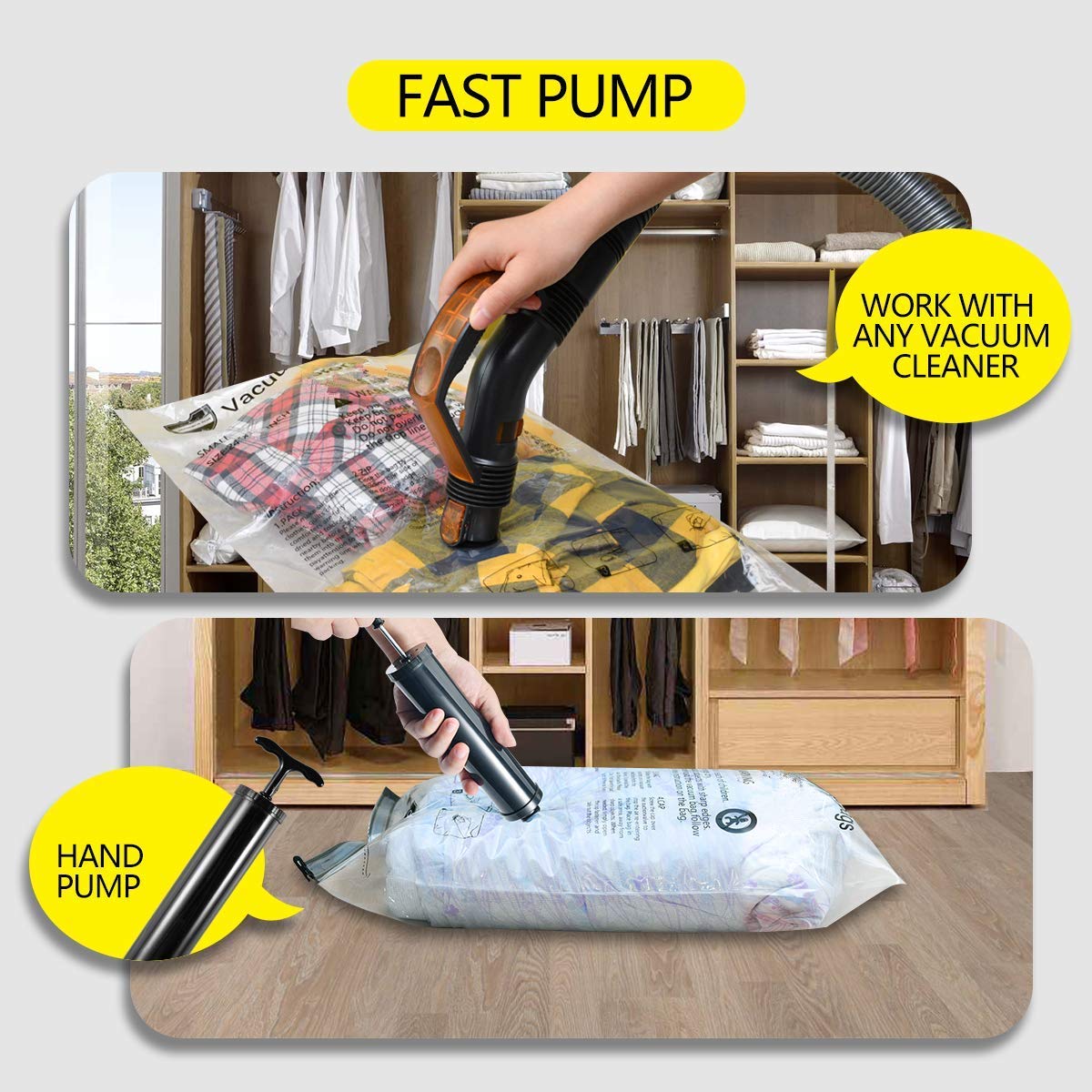 Vacuum Storage Bags (3 x Jumbo, 3 x Large, 3 x Medium, 3 x Small), Space Saver Sealer Compression Bags with Travel Hand Pump for Blankets, Comforters, Pillows, Clothes Storage