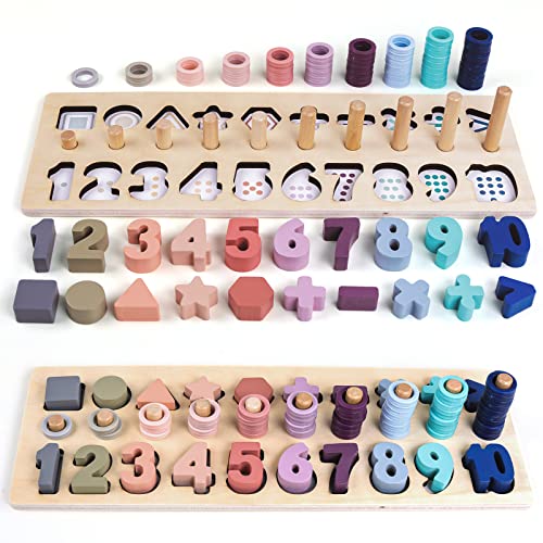 QZMTOY Counting Shape Stacker Wooden Count Sort Stacking Tower with Wood Colorful Number Shape Math Blocks for Kids Preschool Educational Toddlers Toy