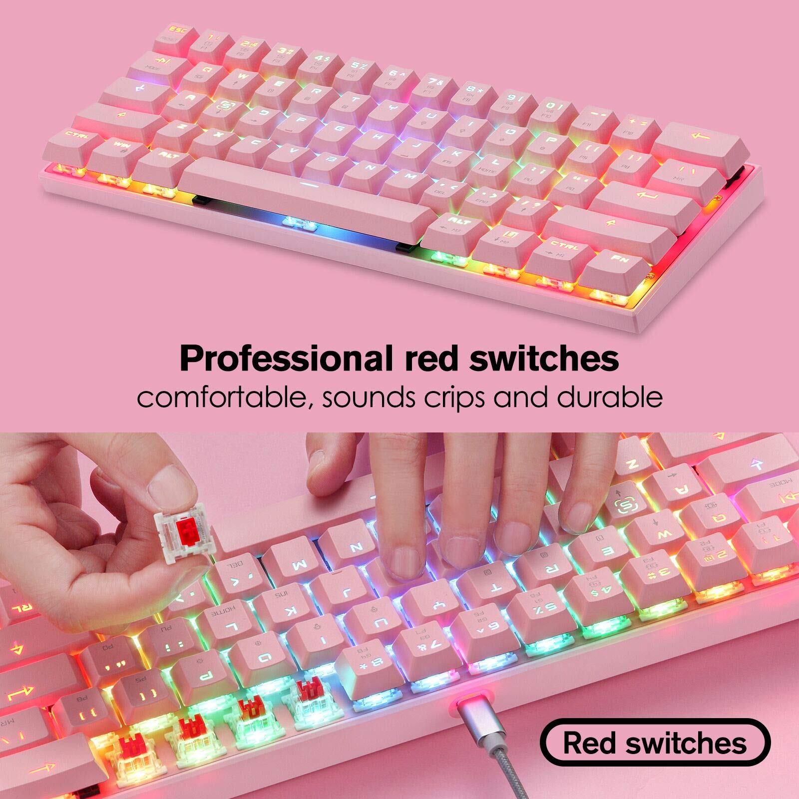 MOTOSPEED Bluetooth/Wired 60% Pink Mechanical Keyboard Compact 61 Keys RGB LED Backlit Type-C Gaming/Office Keyboard for PC/Mac/Laptop Gamer (Red Switch)
