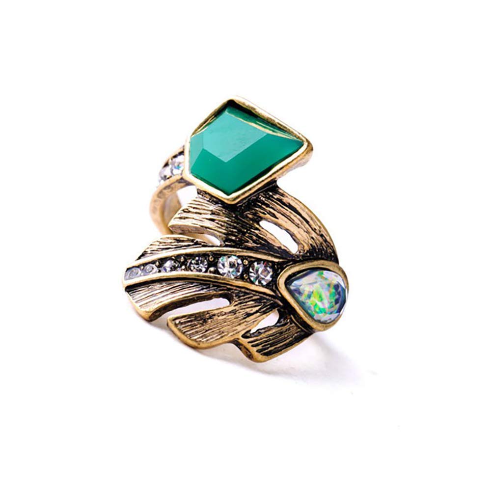 Antiqued Golden Philodendron Leaf Ring with Crystal Detail