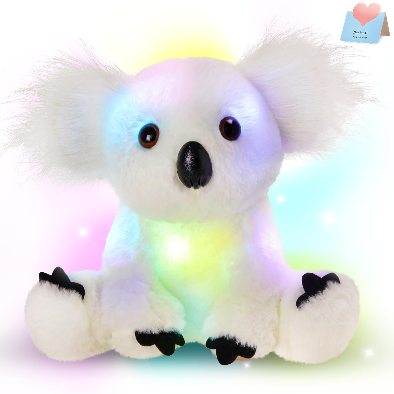 Glow Guards 10'' Light up White Koala Stuffed Animal LED Soft Plush Wildlife Toy with Rainbow Night Lights Ideal Birthday Children's Day for Toddler Kids