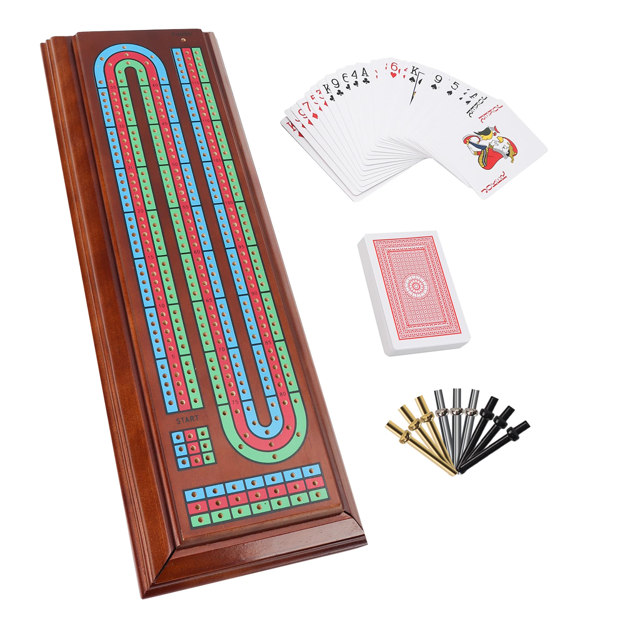 GSE Games & Sports Expert Multi-Color 3-Track Wooden Cribbage Board Game Box with 2 Deck Playing Cards, 9 Metal Pegs and Storage Drawer, Three-Track Cribbage Board with Large Storage