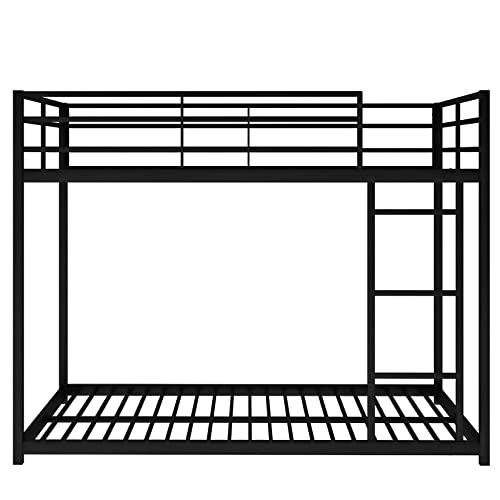 Full Over Full Metal Bunk Bed, Low Bunk Bed with Ladder for Kids Toddlers Teens, No Box Spring Needed, Black